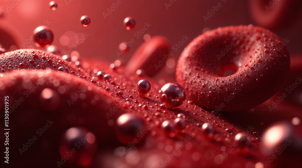 Células rojas y partículas en un entorno microscópico Stock Photo ...