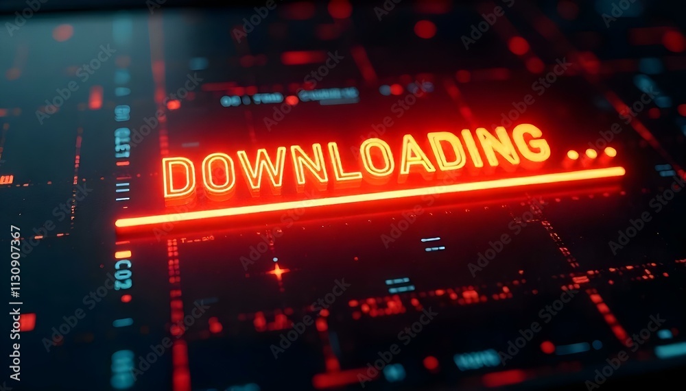 A futuristic digital download progress bar featuring the text ...