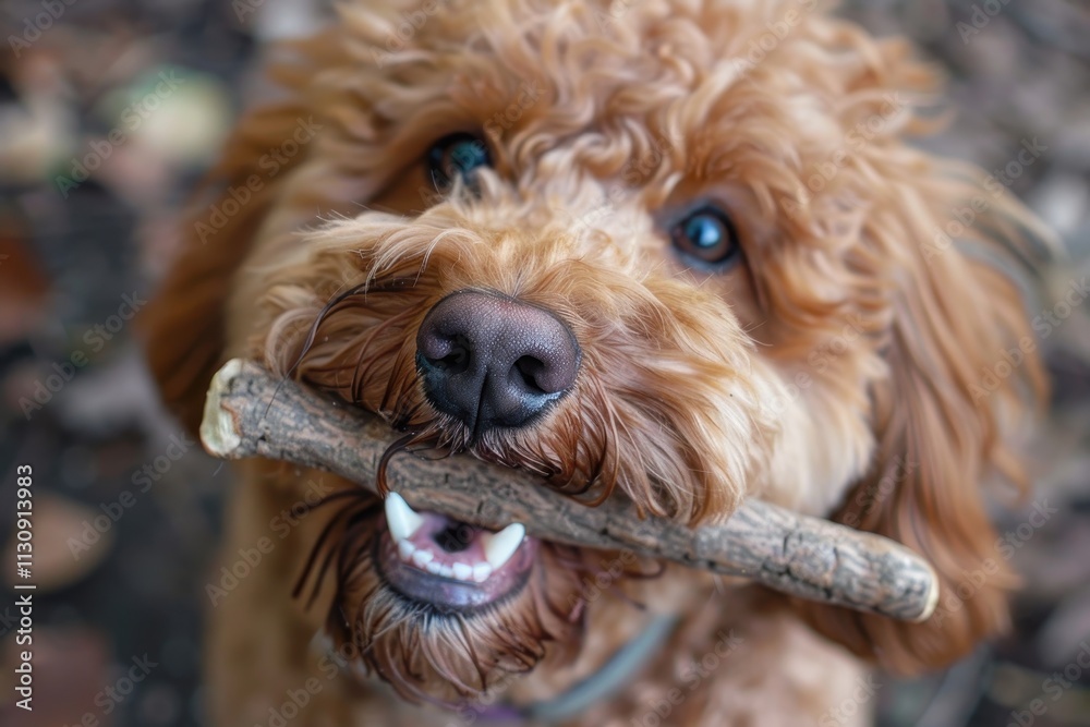 Happy Labradoodle with dental chew bone and stick resembling cigar ...