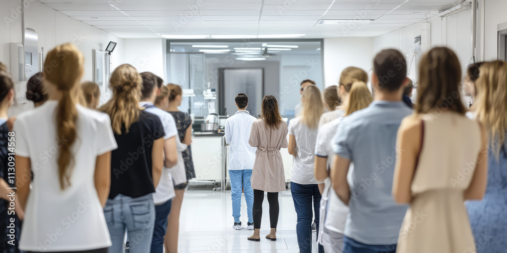 View from the back, Crowd of people in the interior of a modern clinic ...