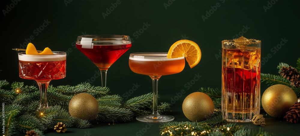 Product photography of four different types of cocktails, with pine ...