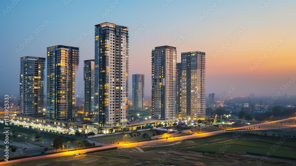 High-rise commercial buildings in Gurgaon, India, during dusk with ...