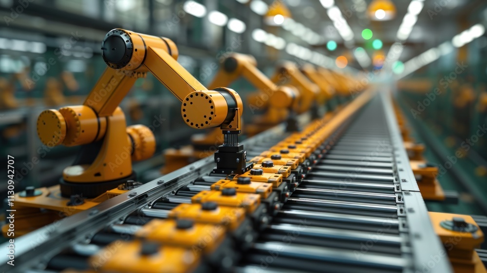 Car Factory Digitalization Industry 4.0 Concept: Automated Robot Arm Assembly Line Manufacturing ...