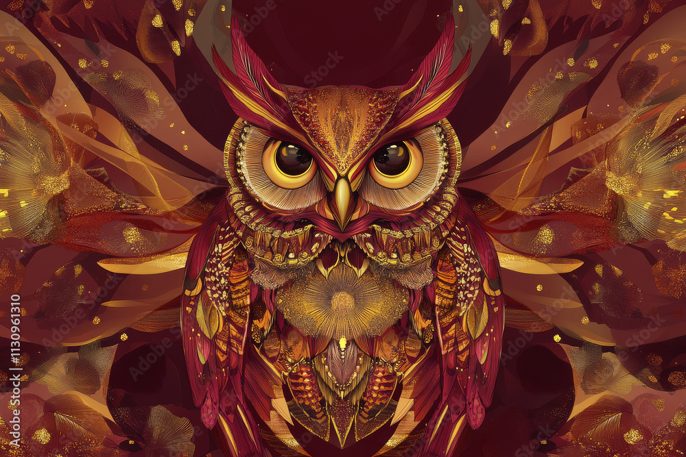 Abstract owl illustration, maroon background, artistic design featuring ...