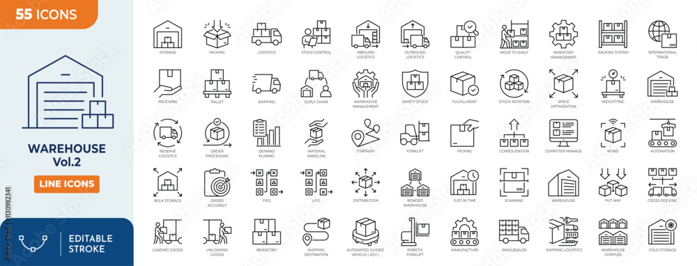 Warehouse line editable icon set. containing logistics, storage ...