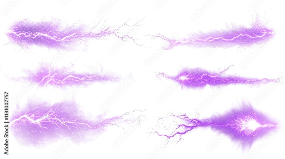Purple Lightning bolt strike set. Isolated white background. Zeus, God ...