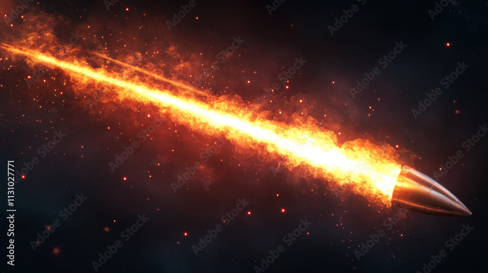 Comet burst flare and rocket or missile engine trail. Spaceship launch ...