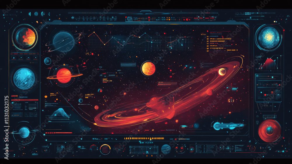Space game ui level map with planet vector screen background. Galaxy cartoon illustration with ...