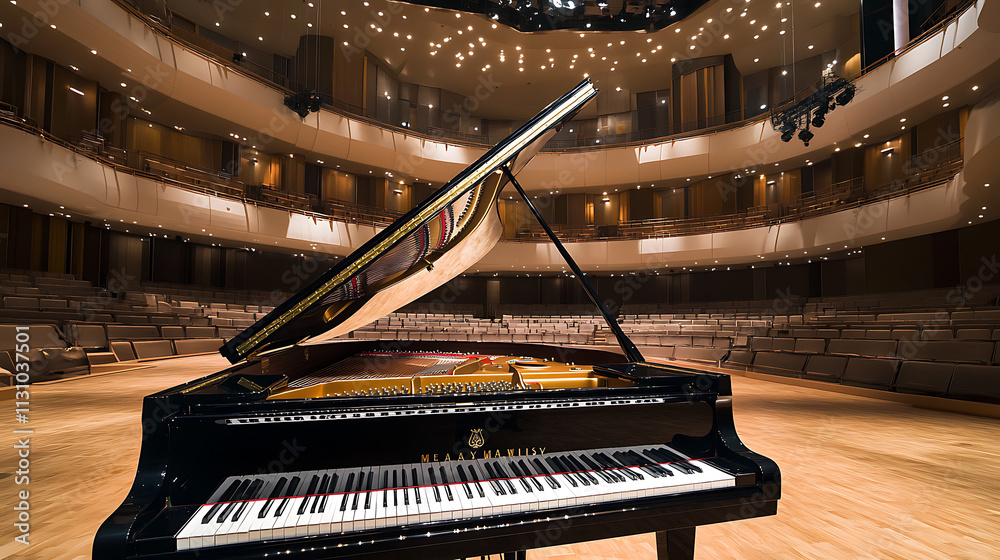 Ilustrace Grand Piano in Concert Hall: A gleaming grand piano takes ...