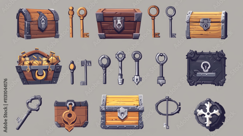 Game reward rare treasure chests and keys evolution, wooden, iron ...