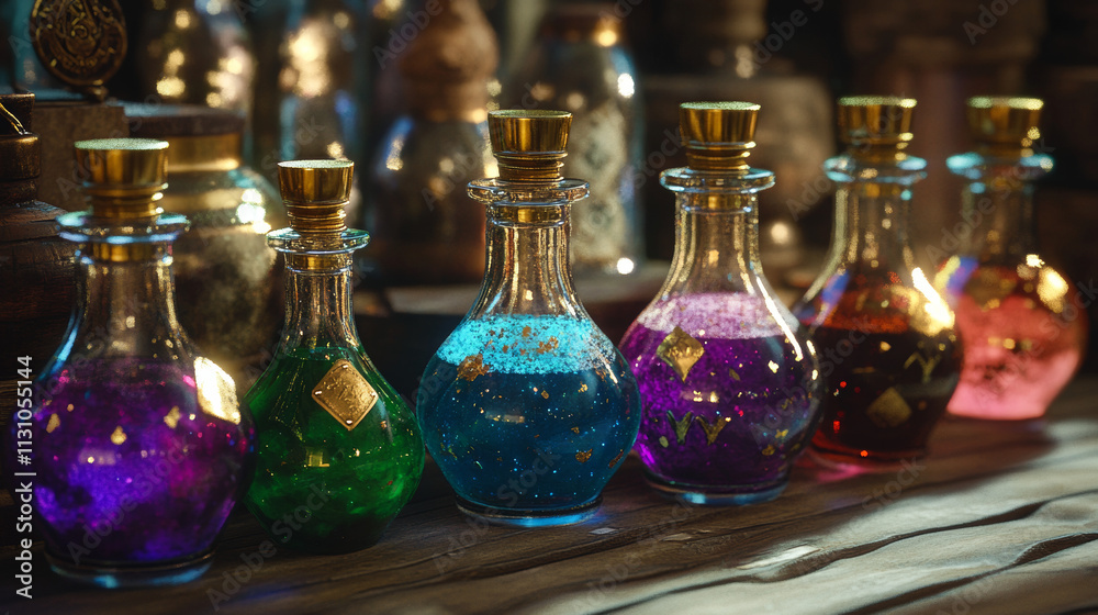 Game icons of bottles with magic potion, poison, alchemy elixir or ...