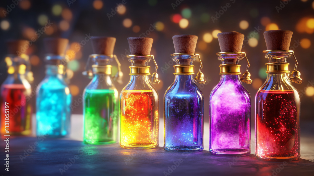 Game icons of bottles with magic potion, poison, alchemy elixir or ...