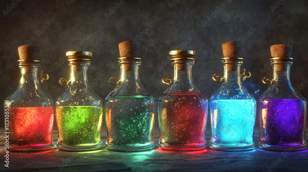 Game icons of bottles with magic potion, poison, alchemy elixir or ...