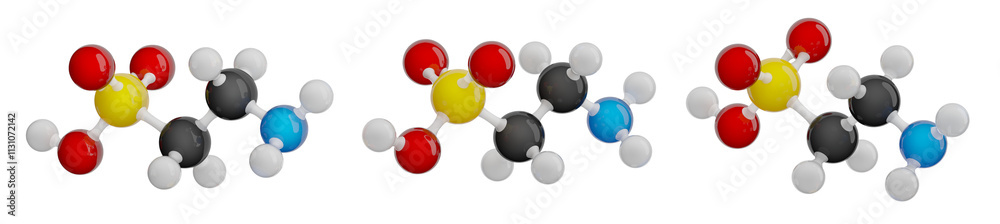 Molecule of Taurine. Set of views. Molecular formula: C2H7NO3S ...