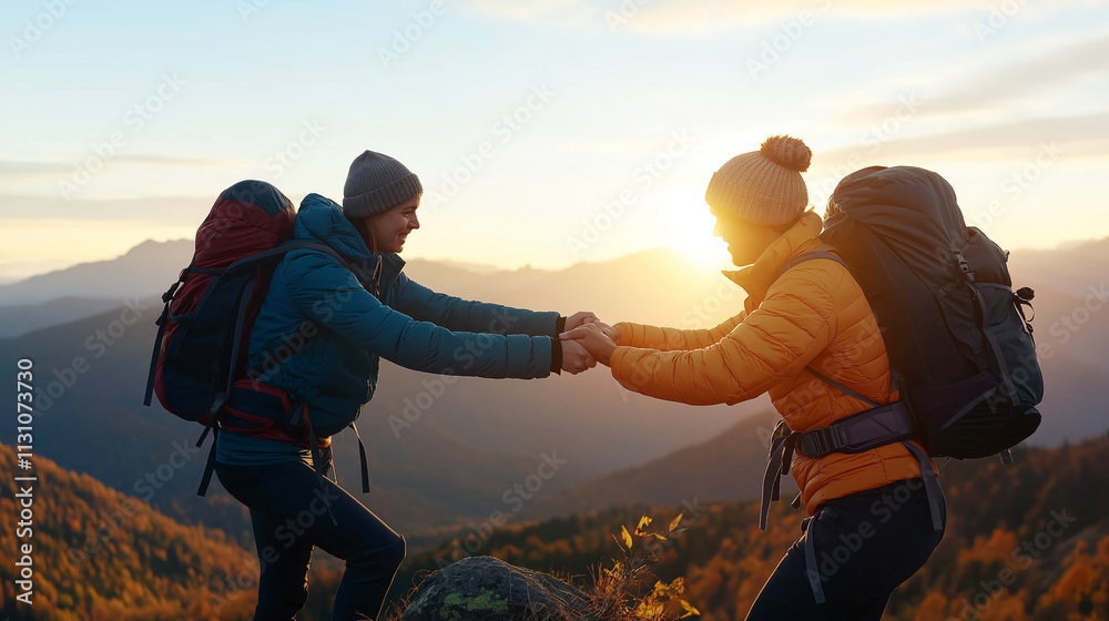 Two hikers helping each other on mountain trail during sunset ...