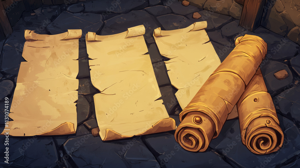 Stock-Illustration „Parchment scroll for game ui design. Cartoon vector ...