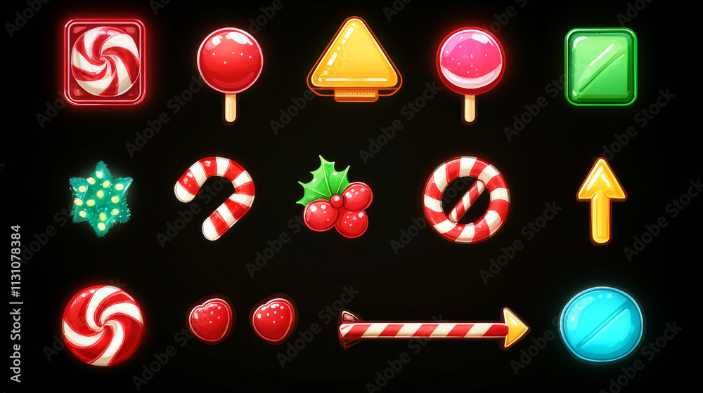 Candy game ui buttons set isolated on black background. Vector cartoon ...