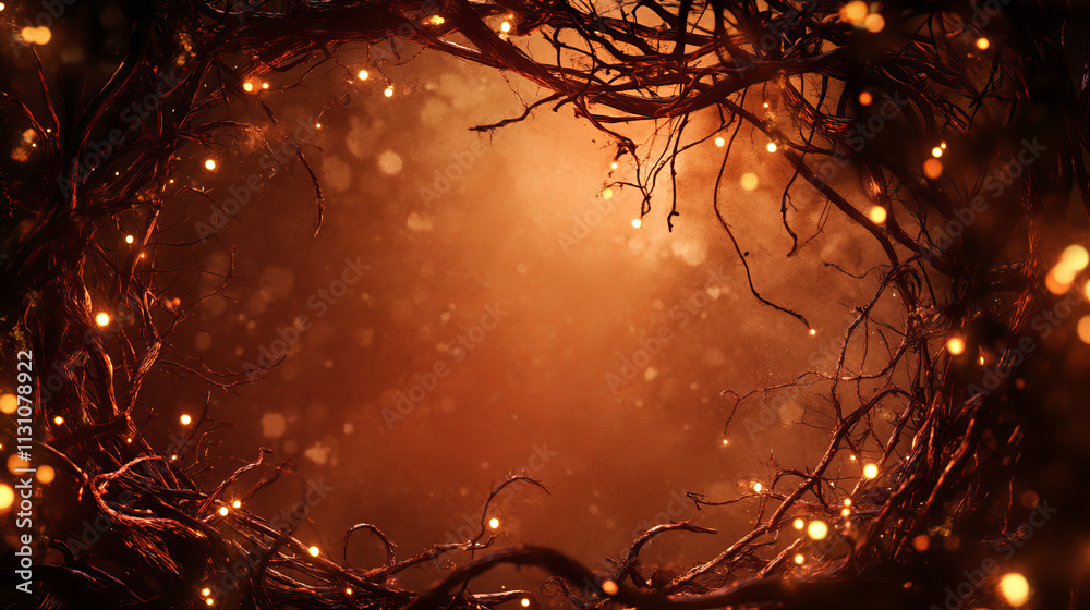 Spooky dry liana vines with glow and twisted branches in form of square ...