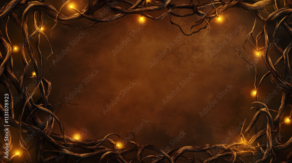 Spooky dry liana vines with glow and twisted branches in form of square ...