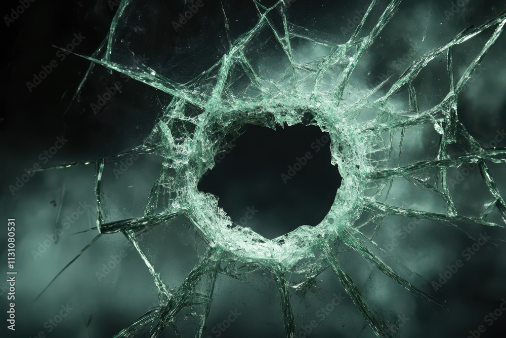 Cracked hole in glass from bullet impact, showcasing shattered edges ...