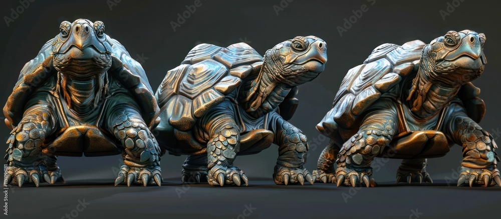 Three Sturdy Armored Prehistoric Tortoises Crawling in Their Natural ...