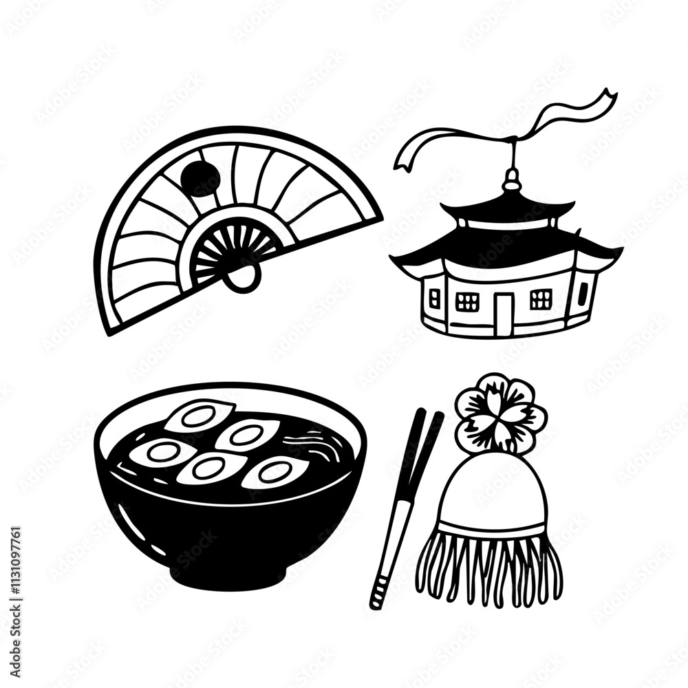 Korean Symbols Sketch Collection. Line art of iconic Korean elements ...