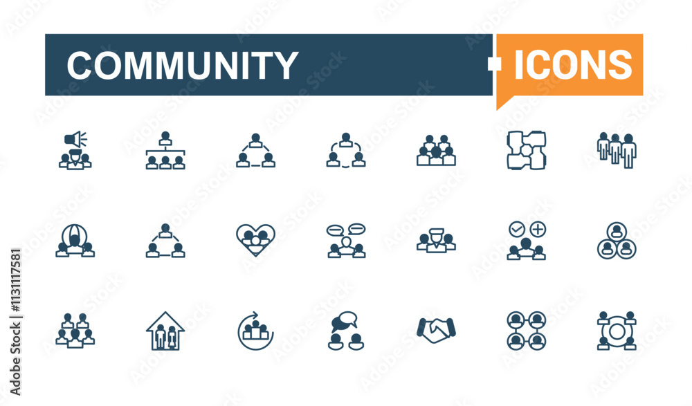 Community icons. It contains symbols to leader, unity, conference ...