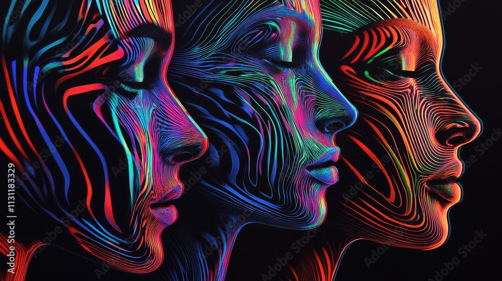 High-tech AI art with neon lines and dark backgrounds, combining ...