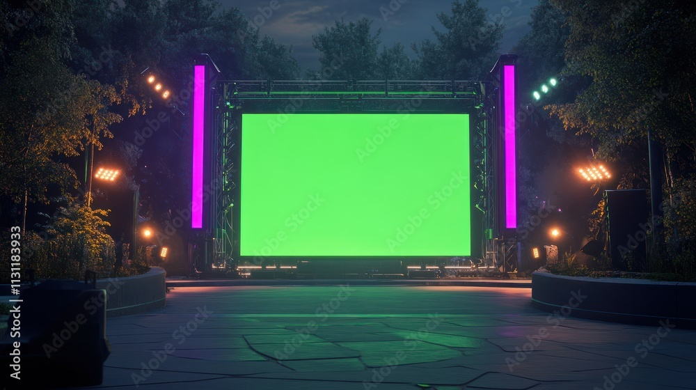 The futuristic concert stage is equipped with a huge green screen, high ...