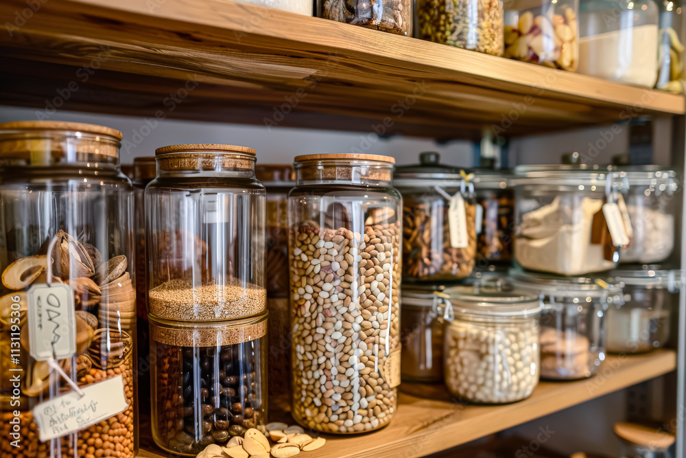 Shelf full of glass jars with various types of food inside. The jars ...