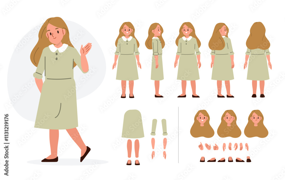 Girl child character constructor for animation. Front, side and back ...
