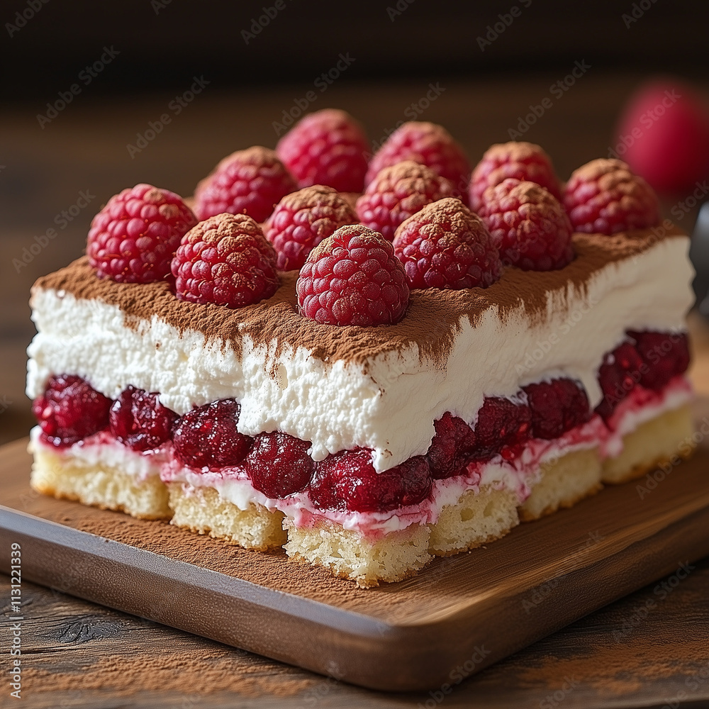 raspberry cheesecake on plate. Tiramisu. Ladyfinger cookies ...