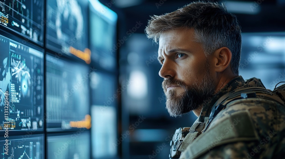 Military operator monitors multi-screen control room for strategic ...