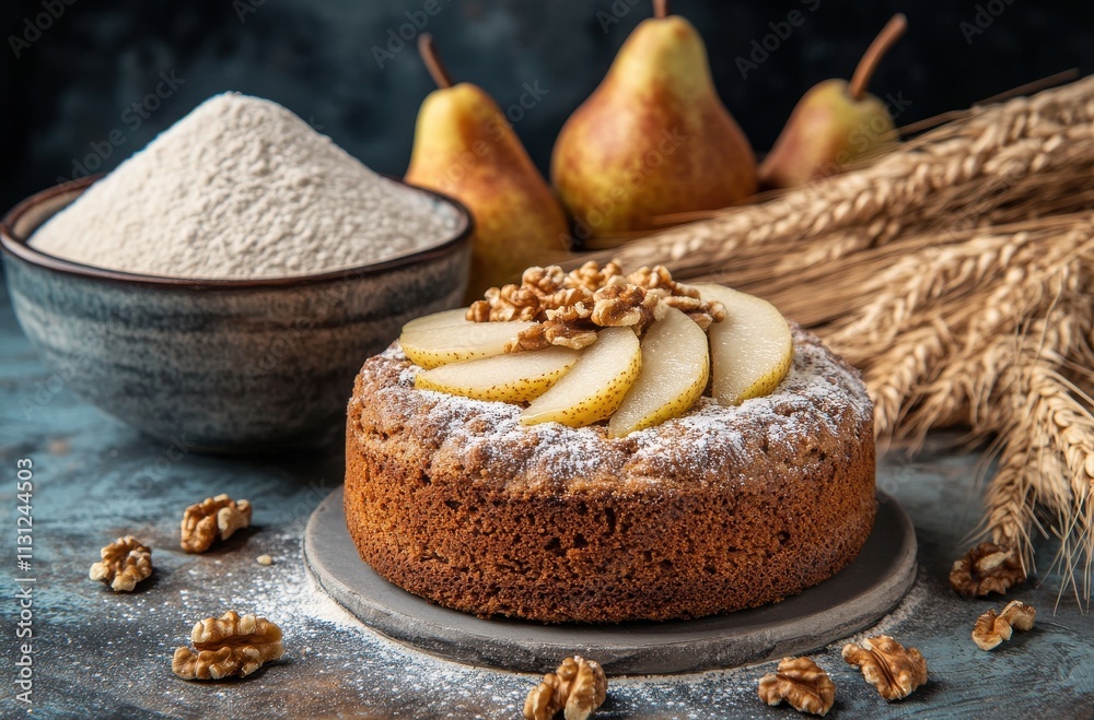 Delicious homemade pear cake with walnut topping, fresh pears, and ...