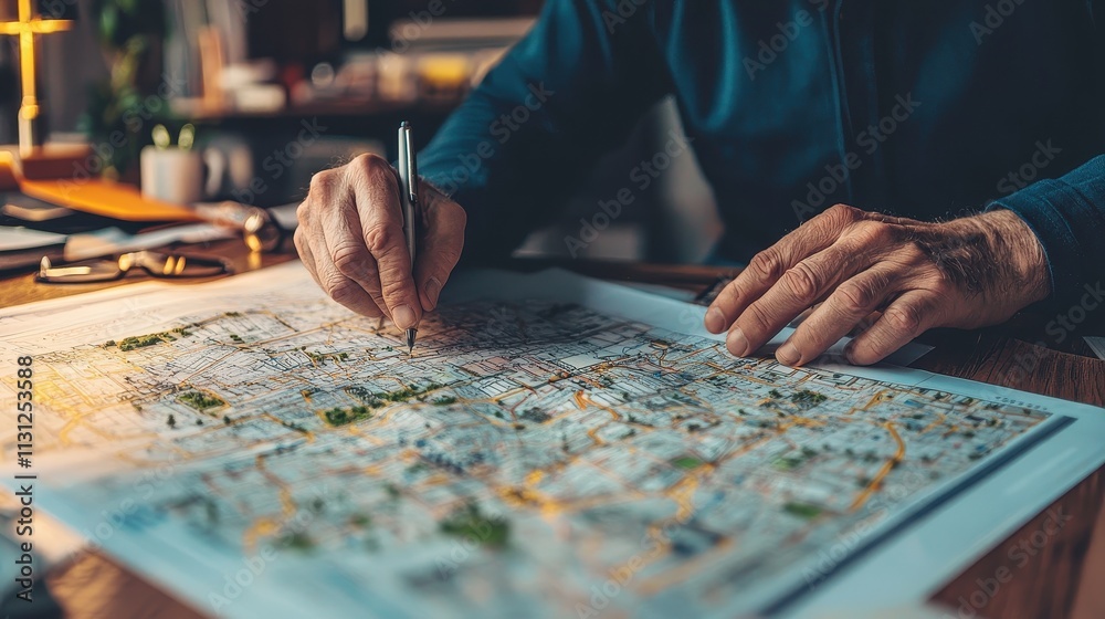 Urban Planner Working on Zoning Map with Focused Attention and Detailed ...