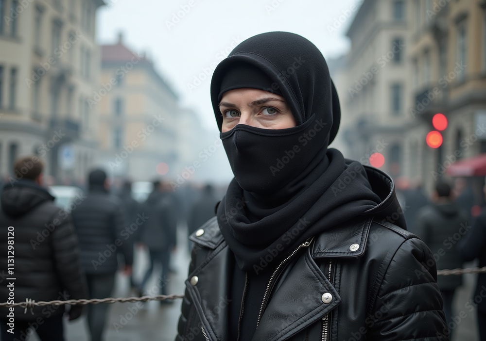 masked woman stands oppression using barbed wire resist tyranny fight ...