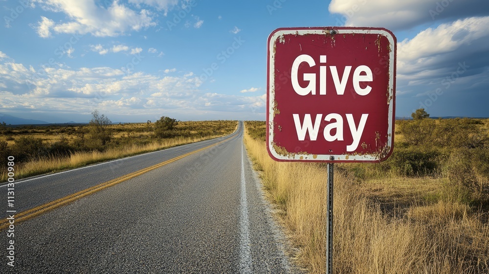 Foto de Stock Weathered give way road sign on a rural highway with open ...