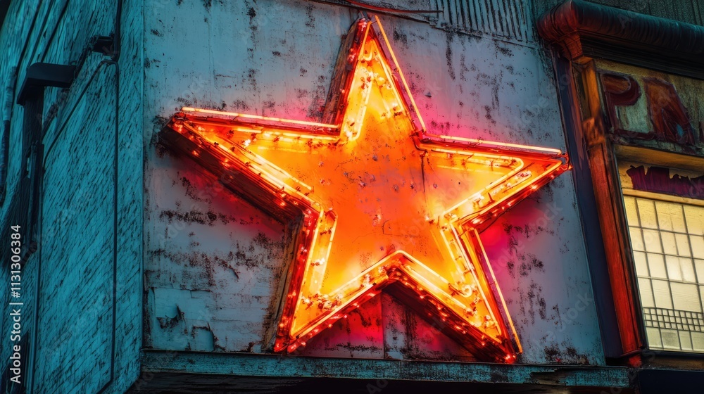 Vintage neon star marquee sign on an aged theater building showcasing ...