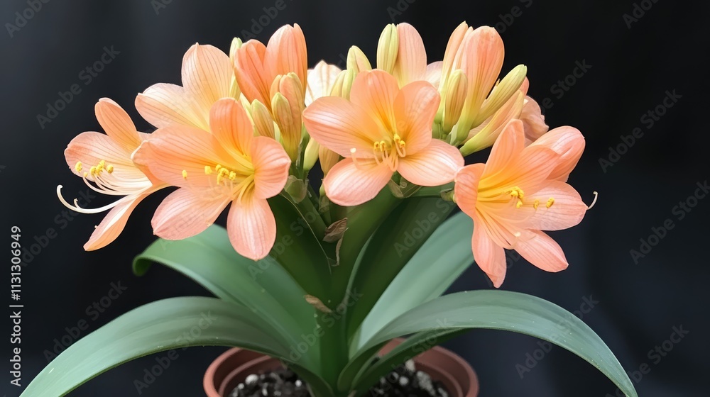 Clivia miniata vibrant bush lily flowering plant in pot showcasing its stunning ornamental ...