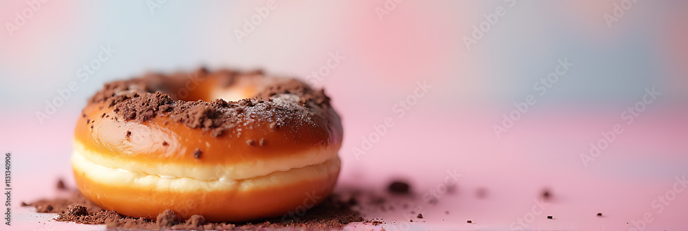 A dirty donut sits atop a colorful pastel background, inviting to be ...