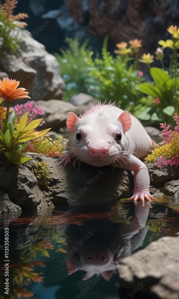 Axolotl peeking out from behind a rock in a shallow Mexican lake with ...
