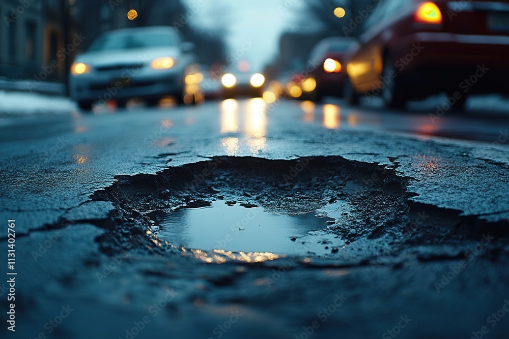Pothole filled with rainwater on a city street during heavy traffic in ...