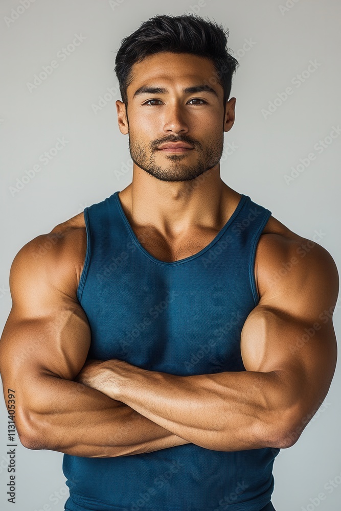 Muscular man poses confidently with arms crossed, showcasing strength ...