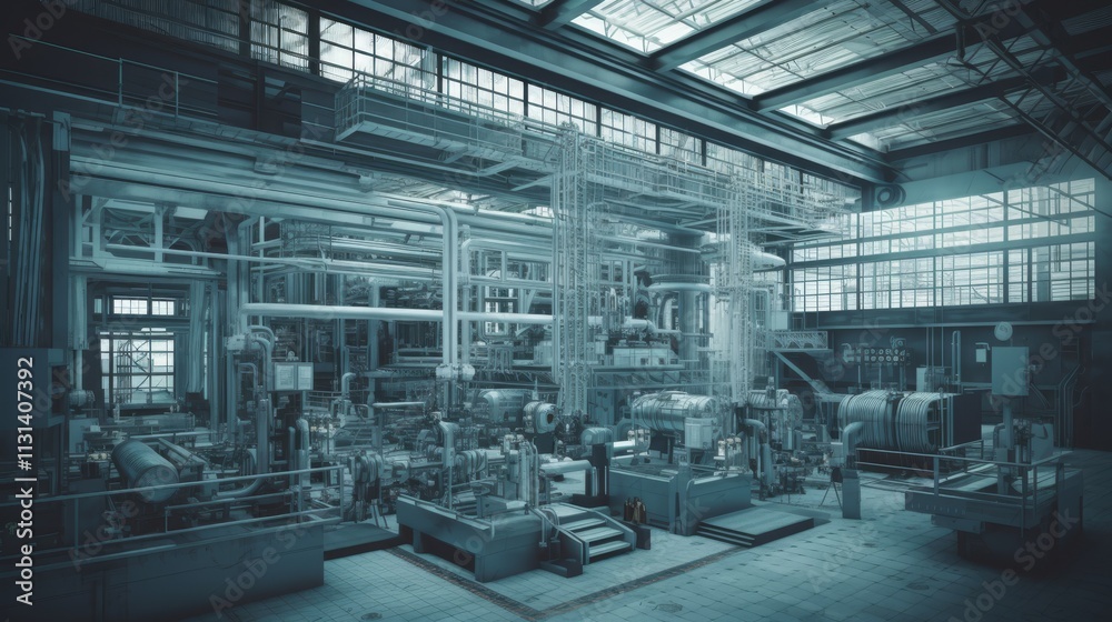 Industrial factory scene with 3D mechanical parts, 2D blueprint-style ...