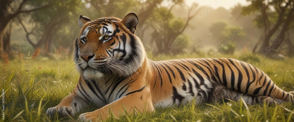 Bengal tiger with long black beard and sharp horns lying in the ...