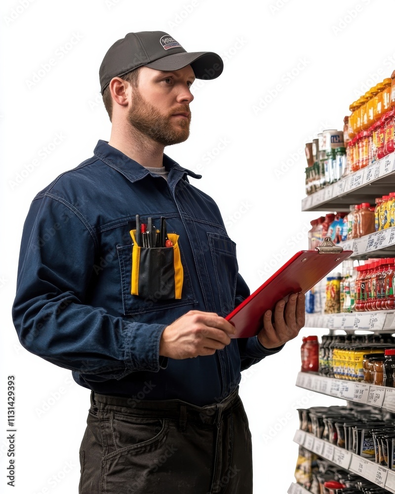 Grocery store clerk conducting stock check while organizing products on ...