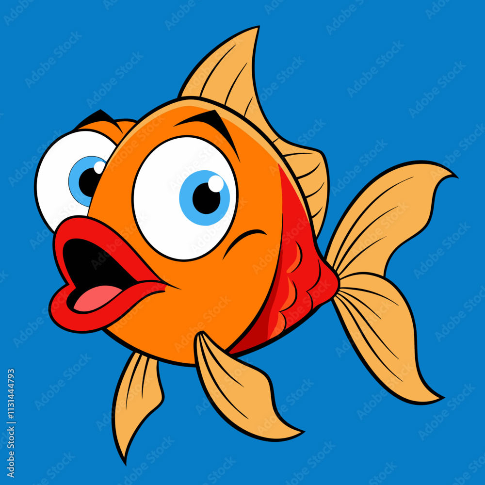 Cute cartoon illustration of a goldfish with red kissing lips, vibrant ...