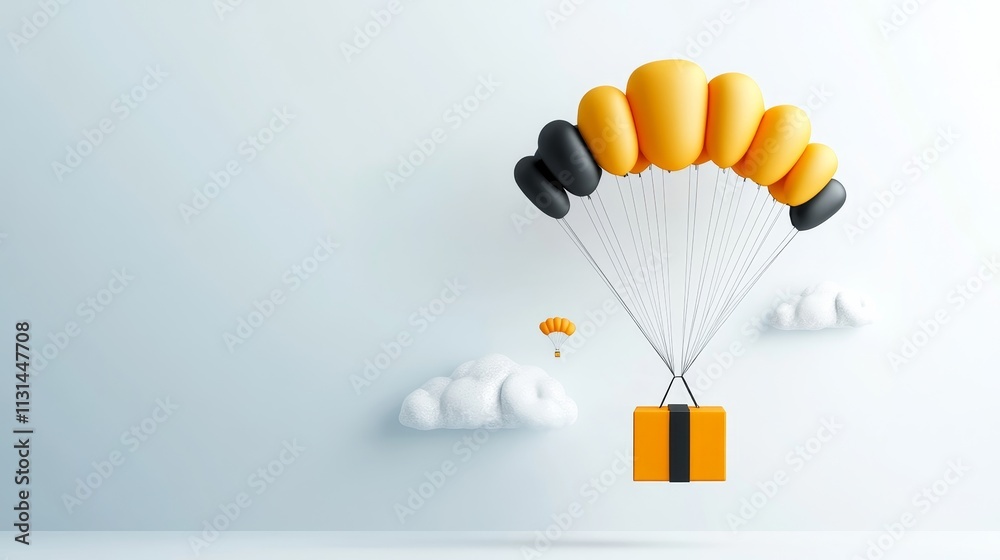 Colorful parachute with a delivery package floating in a minimalist sky ...
