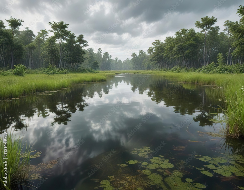 Overcast sky with a few wispy clouds reflecting off the calm surface of ...