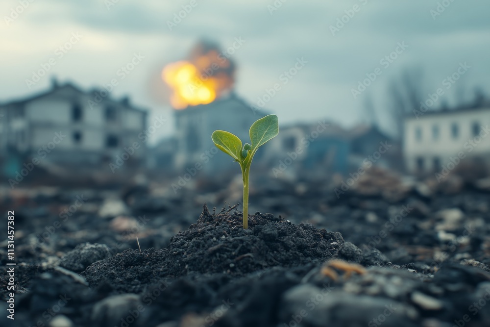 New life growing from the ashes of destroyed buildings in a city after ...